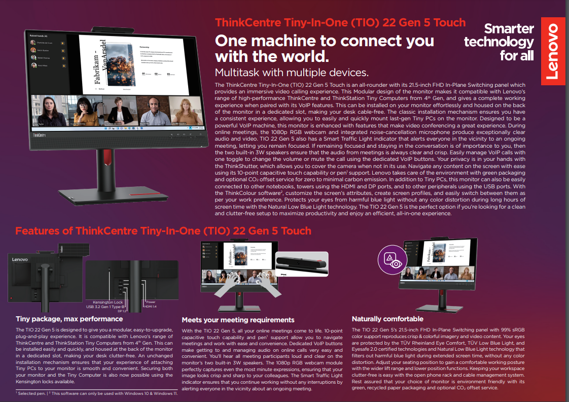 Lenovo ThinkVision Tiny-in-One 22 Gen 5 - LED monitor - Full HD (1080p ...
