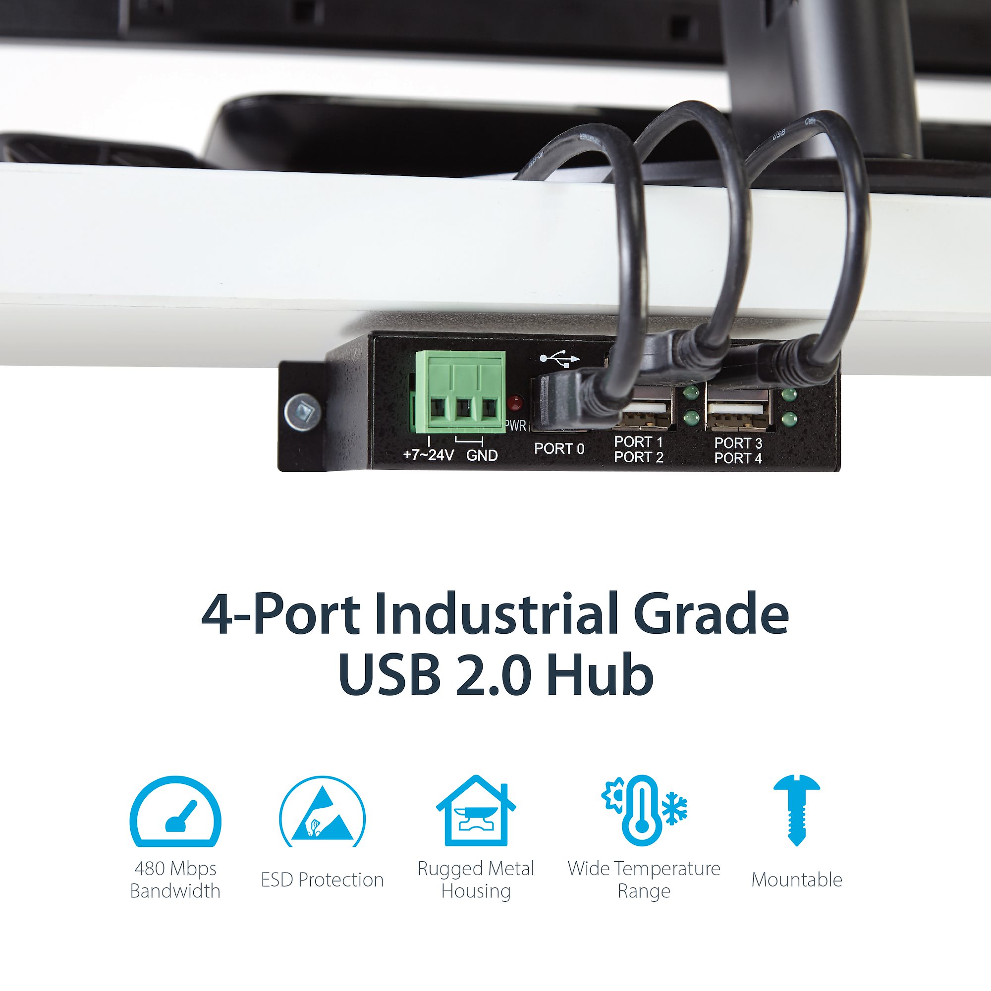 StarTech.com 4 Port USB 2.0 Hub (USB-A) - Metal Industrial Hub - Mountable