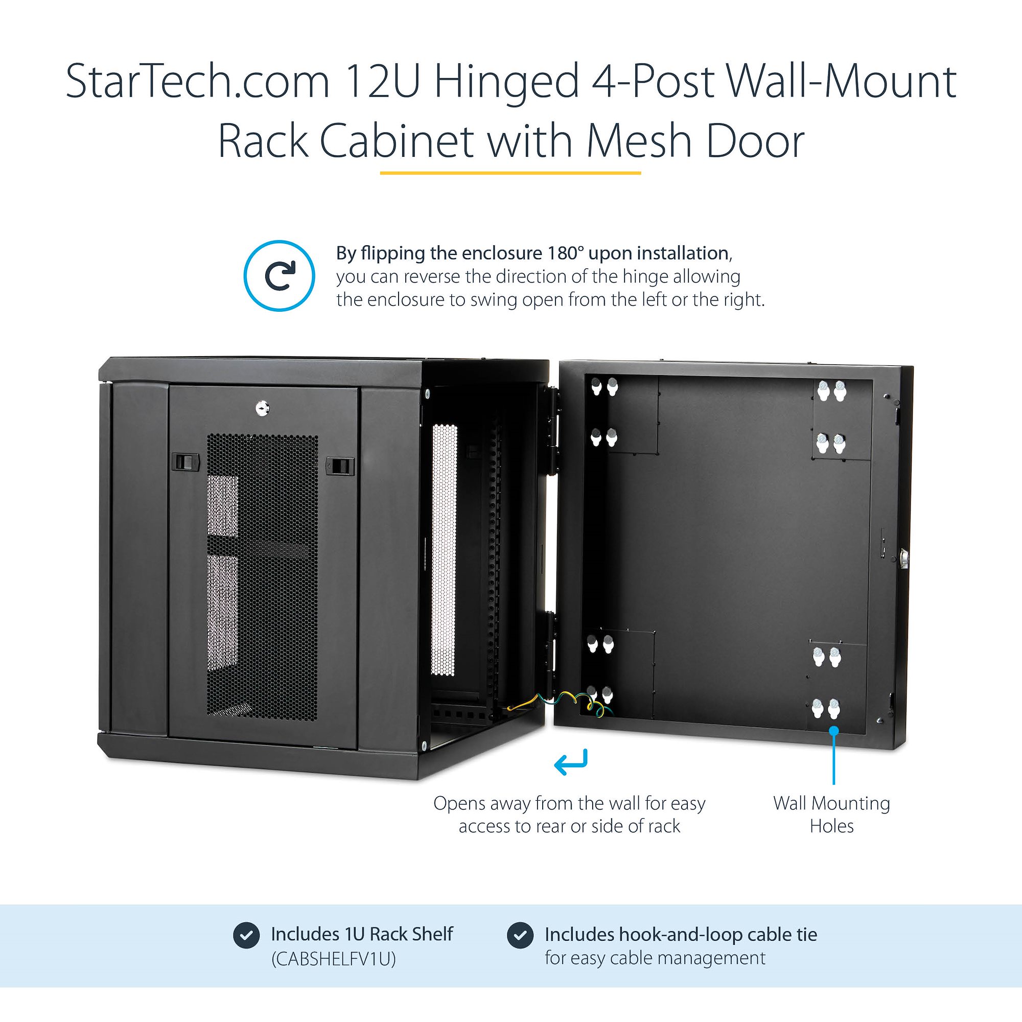 StarTech.com 4-Post 12U Wall Mount Network Cabinet, Hinged Wall-Mounted Server Rack for IT Equipment