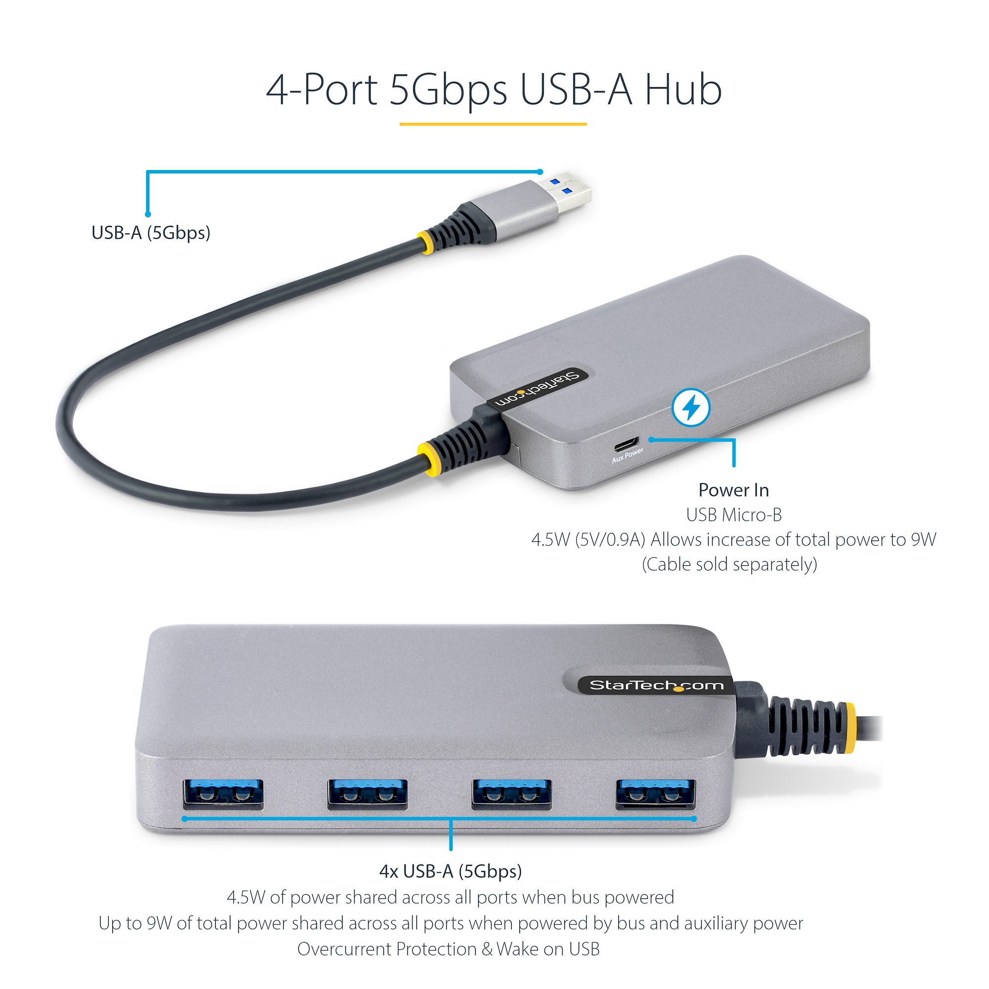 StarTech.com 4-Port USB Hub, 5Gbps, Bus Powered, Optional Auxiliary Power, Laptop USB Hub, A to 4xA