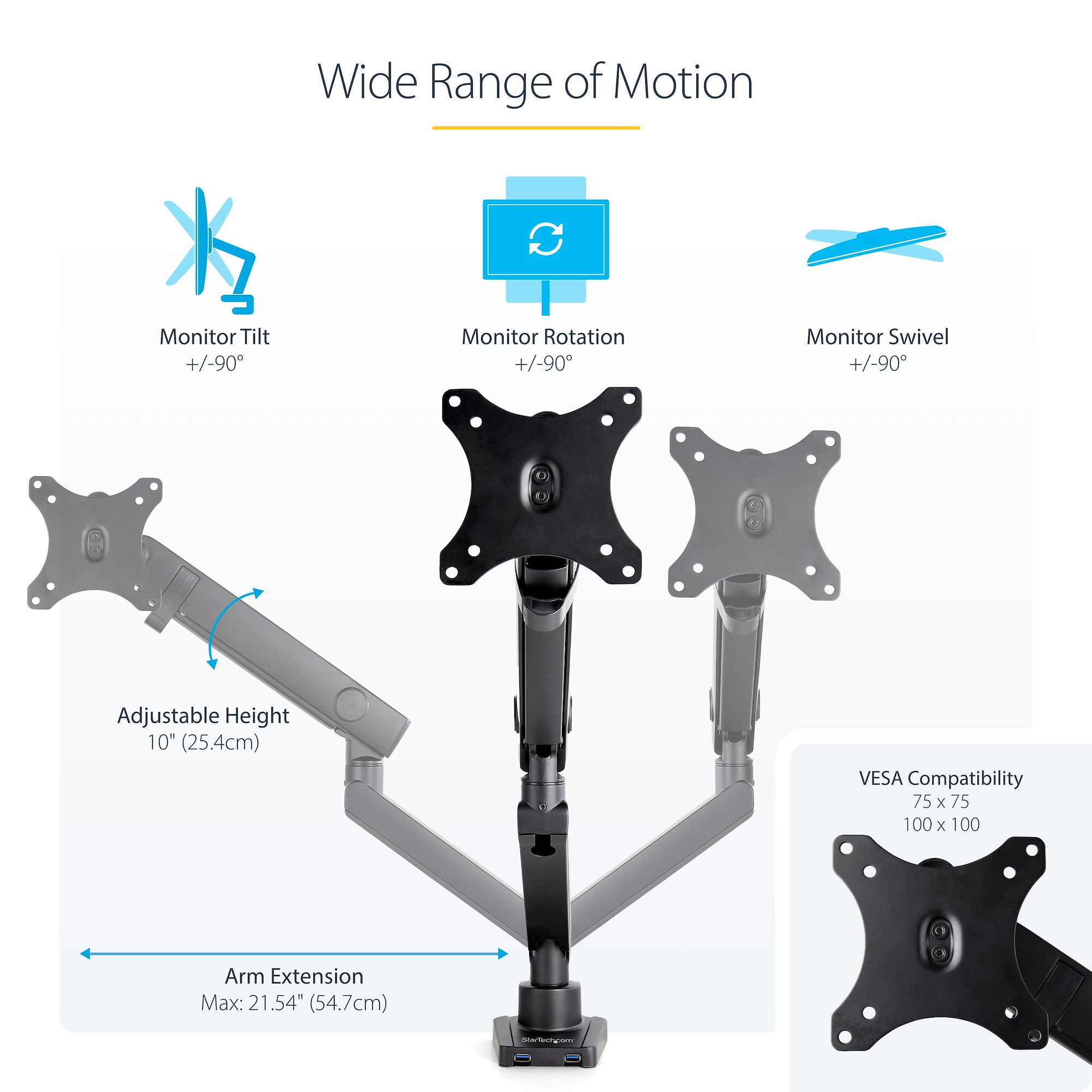 StarTech.com Desk Mount Monitor Arm with USB - Full Motion VESA Monitor ...