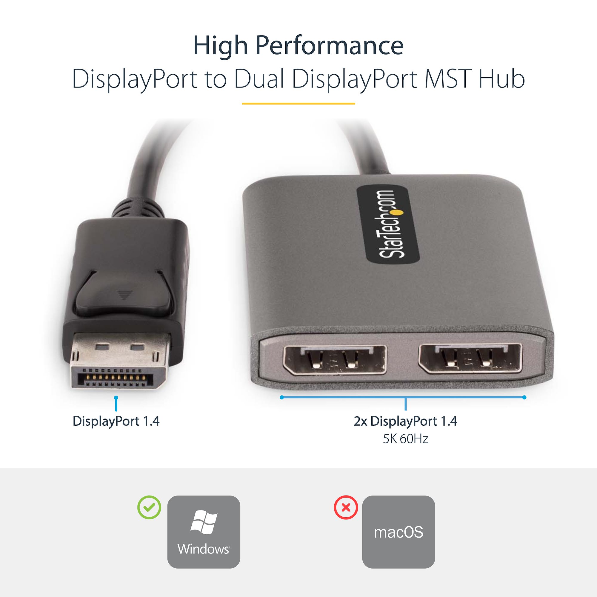 StarTech.com Dual-Monitor DisplayPort Splitter Adapter, DP to Dual 5K 60Hz Computer MST Hub, Windows