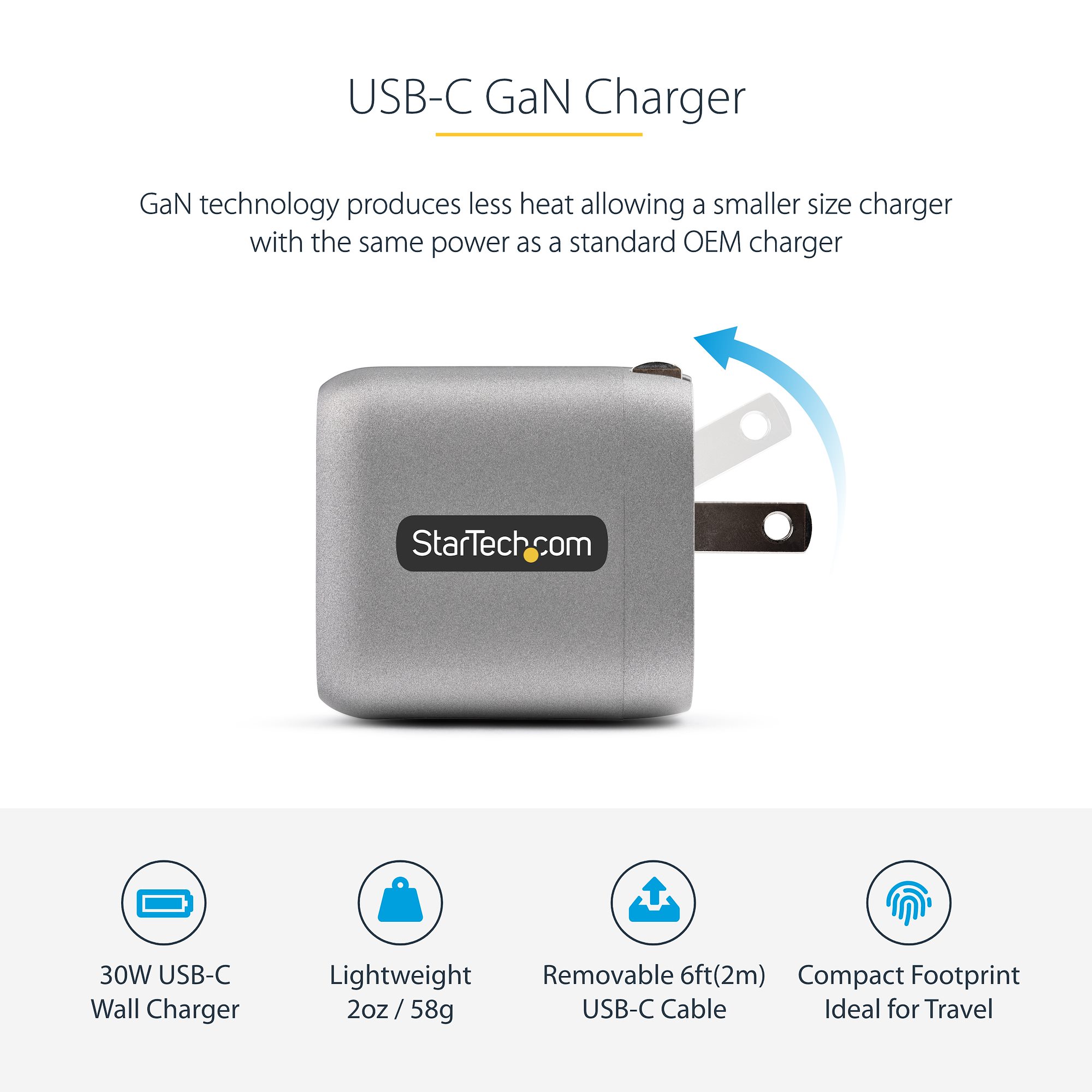 StarTech.com 30W USB-C Wall Charger - Portable GaN Charger with USB ...