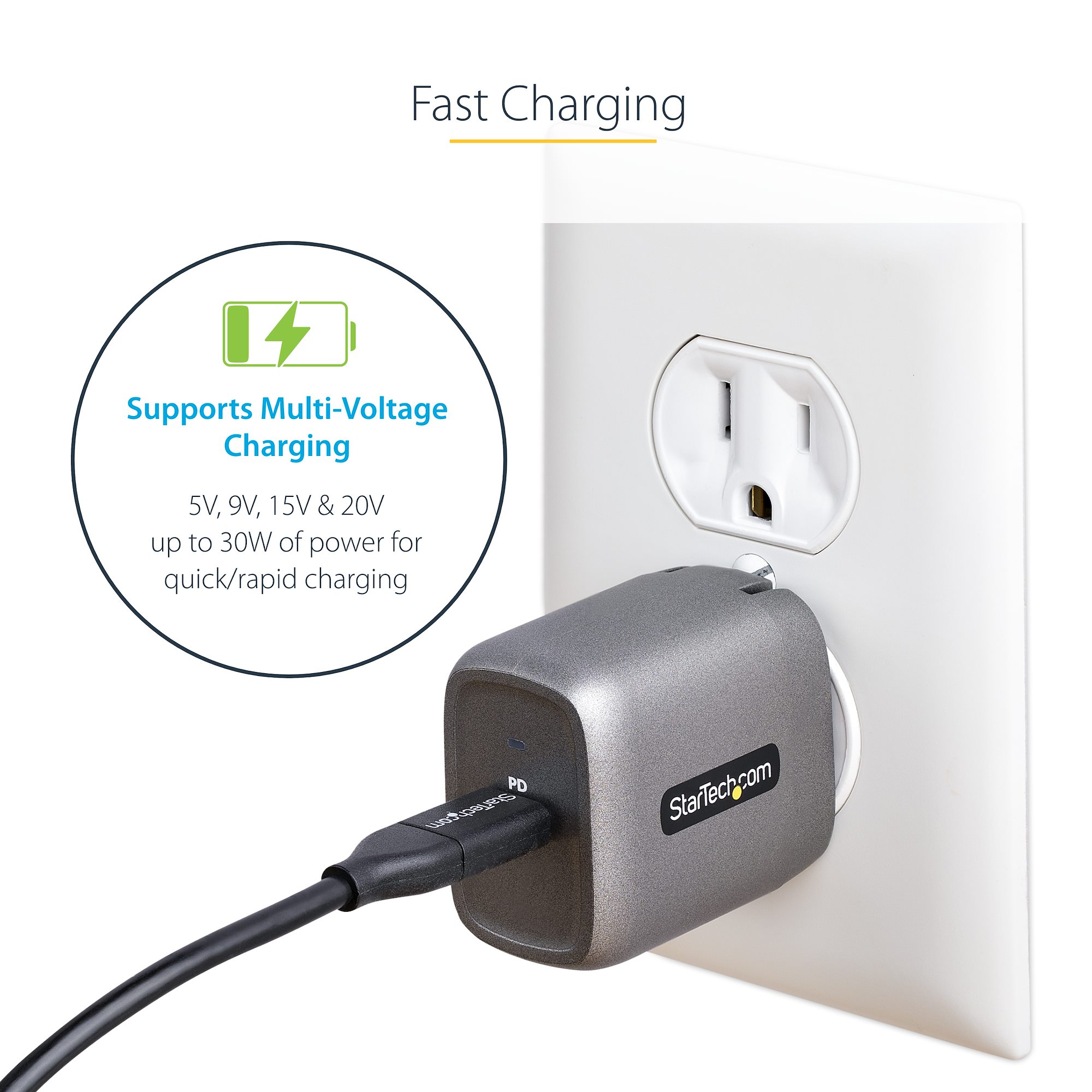 StarTech.com 30W USB-C Wall Charger - Portable GaN Charger with USB ...