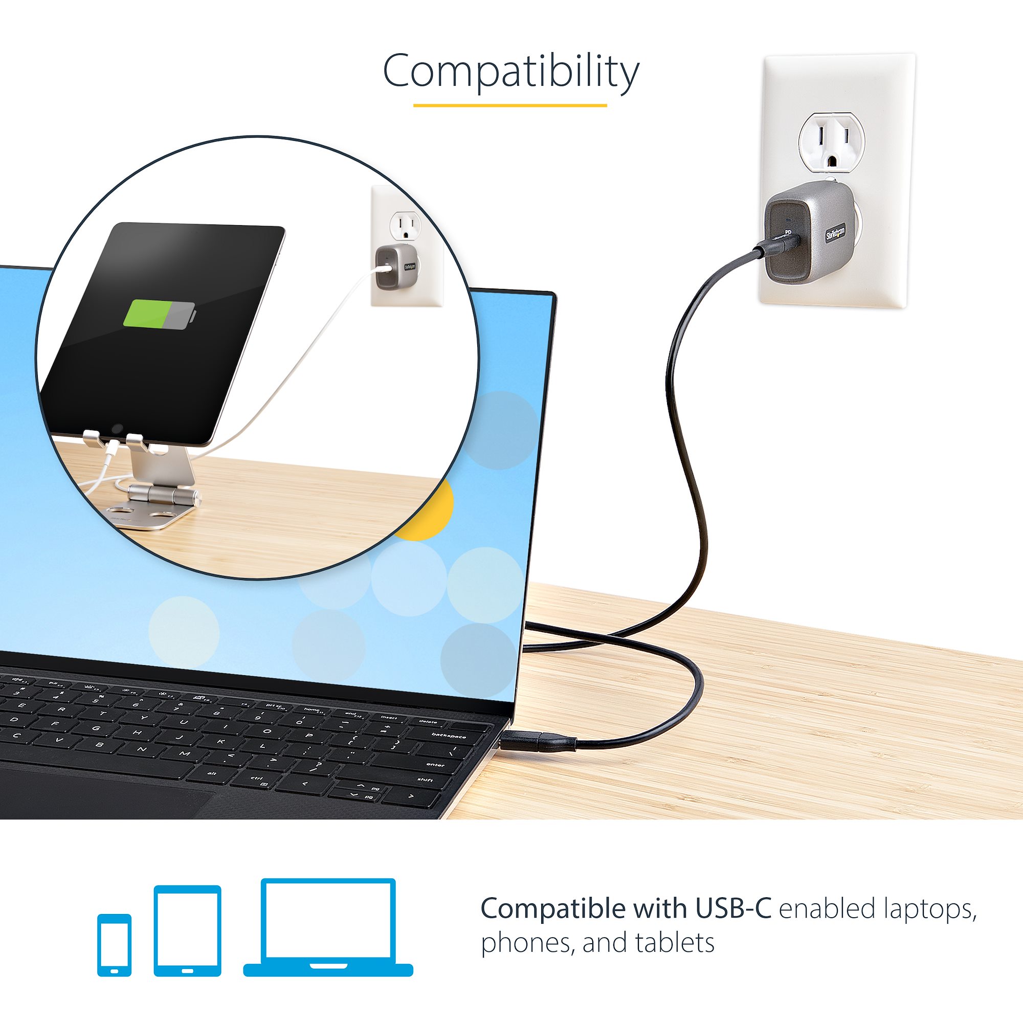 StarTech.com 30W USB-C Wall Charger - Portable GaN Charger with USB ...